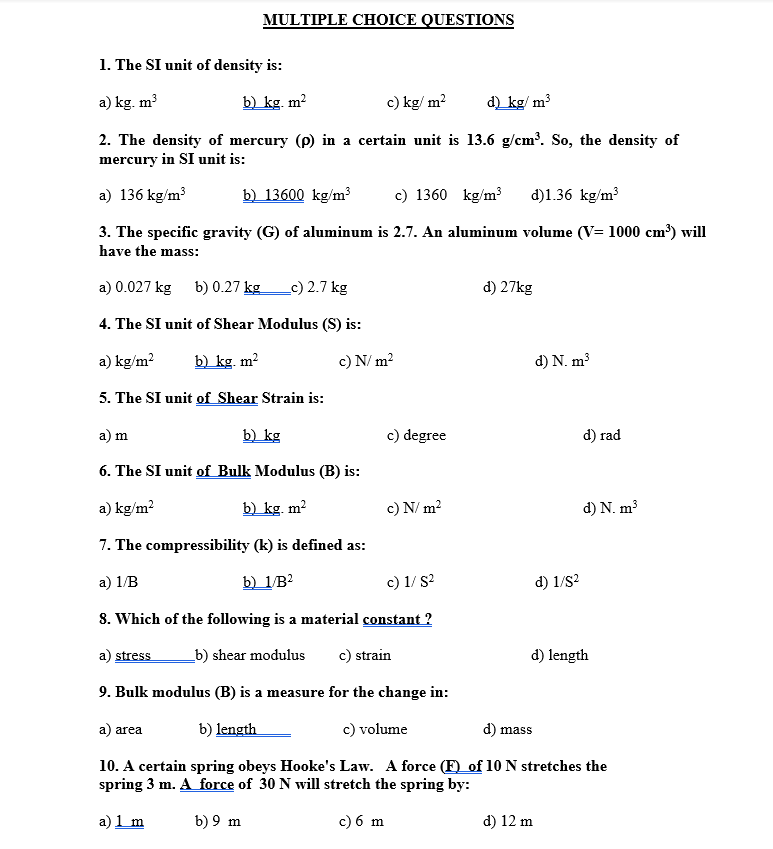Solved MULTIPLE CHOICE QUESTIONS 1. The SI unit of density | Chegg.com
