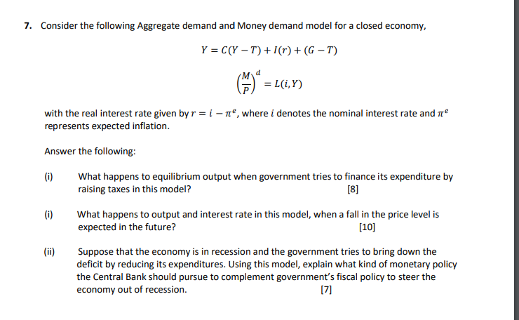 Solved 7. Consider the following Aggregate demand and Money | Chegg.com