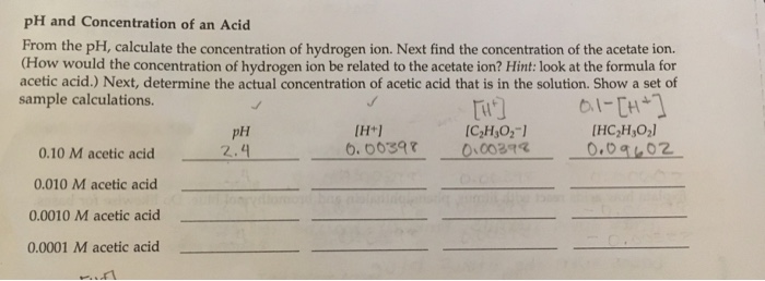 Solved pH and Concentration of an Acid From the pH, | Chegg.com