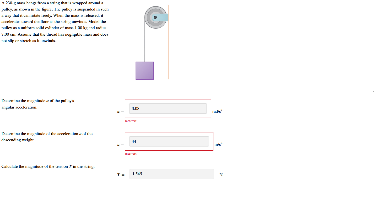Solved A 230-g mass hangs from a string that is wrapped | Chegg.com