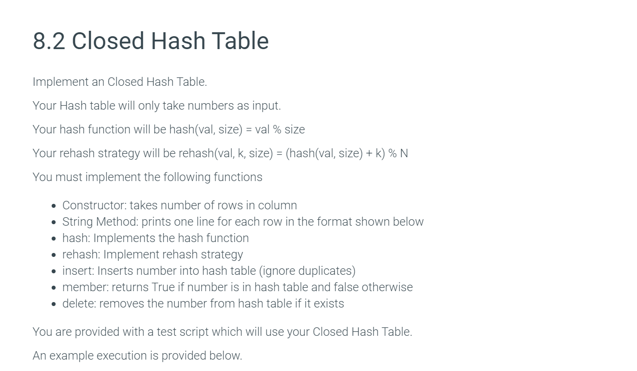8.2 Closed Hash Table Implement an Closed Hash Table. | Chegg.com