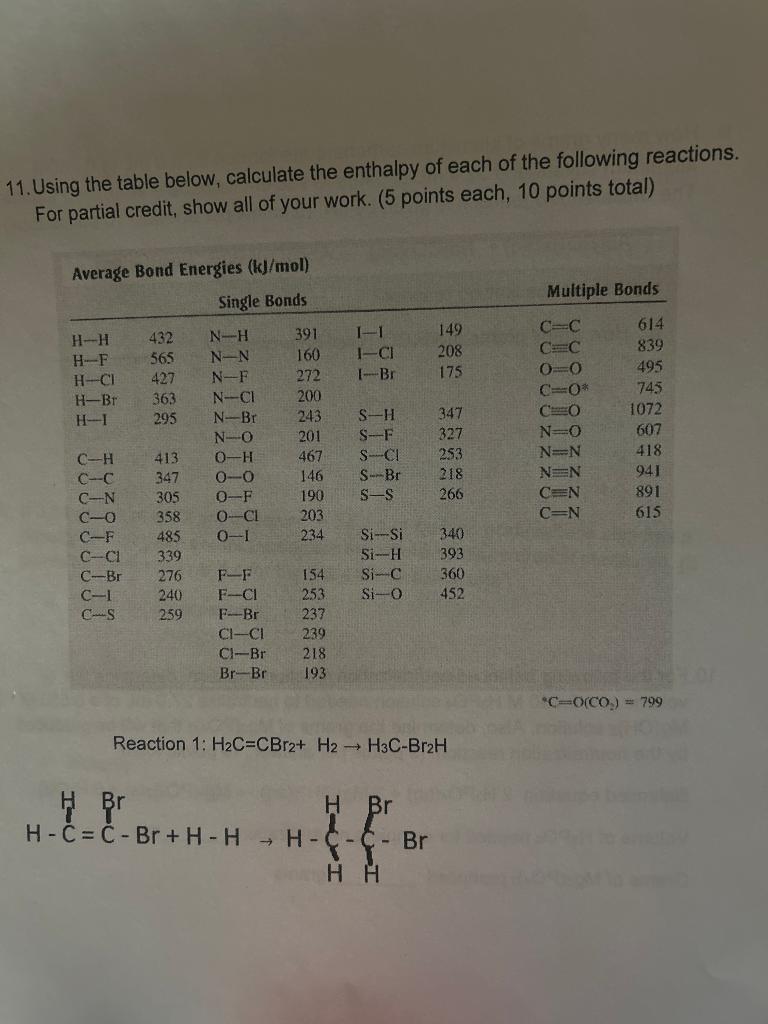 Solved 11. Using the table below, calculate the enthalpy of | Chegg.com