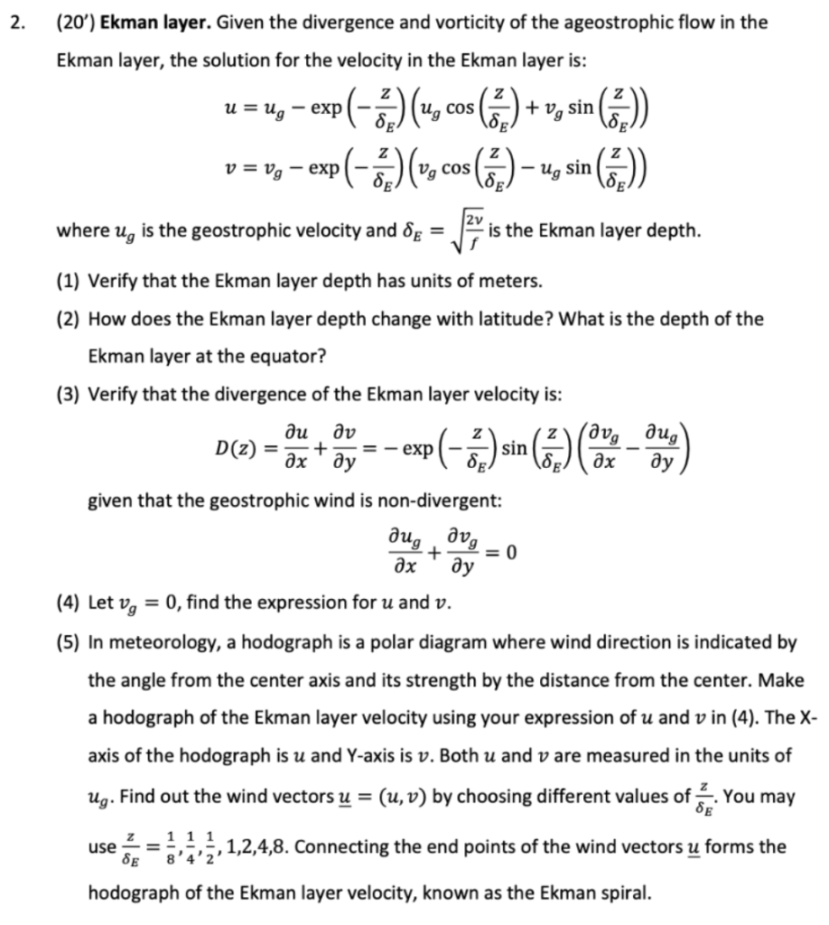 (20') Ekman layer. Given the divergence and vorticity | Chegg.com