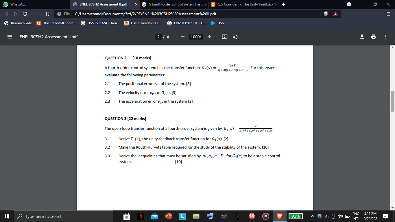 Solved QUESTION 2 [10 marks] A fourth-order control system | Chegg.com