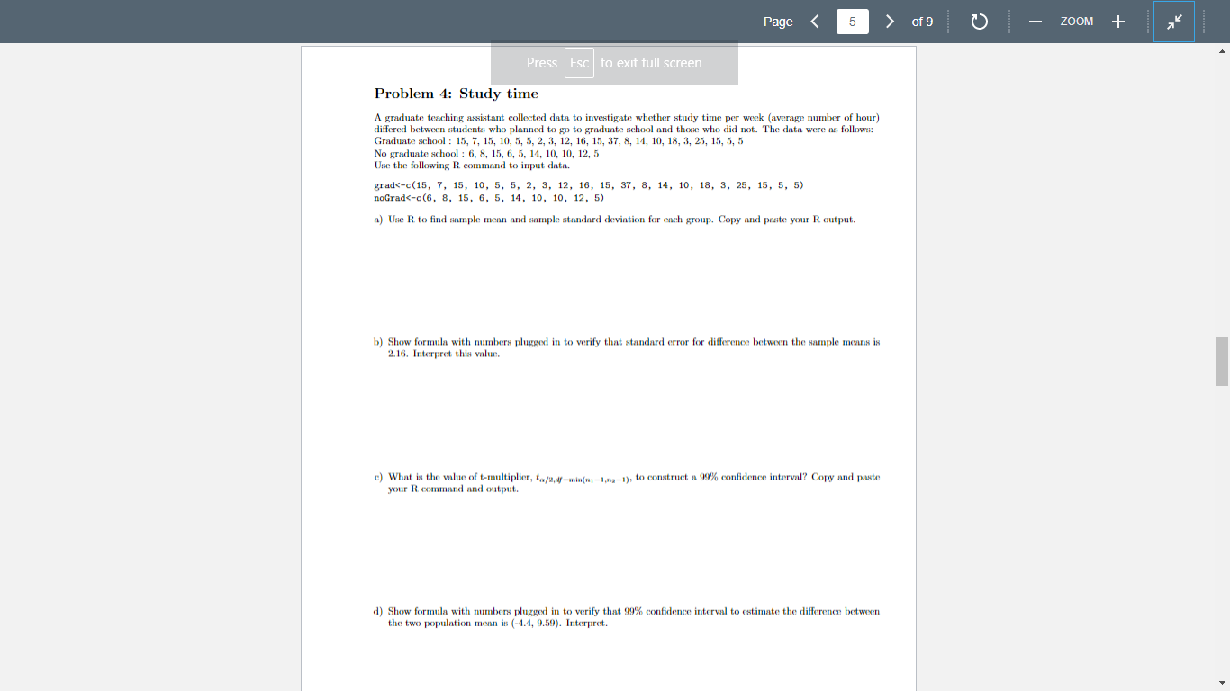 Solved Problem 4: Study time A graduate teaching assistant | Chegg.com