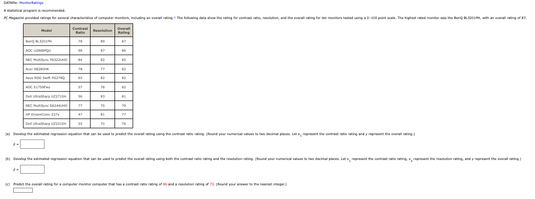 Solved DAtAfile: MonitorRatings A statistical program is | Chegg.com