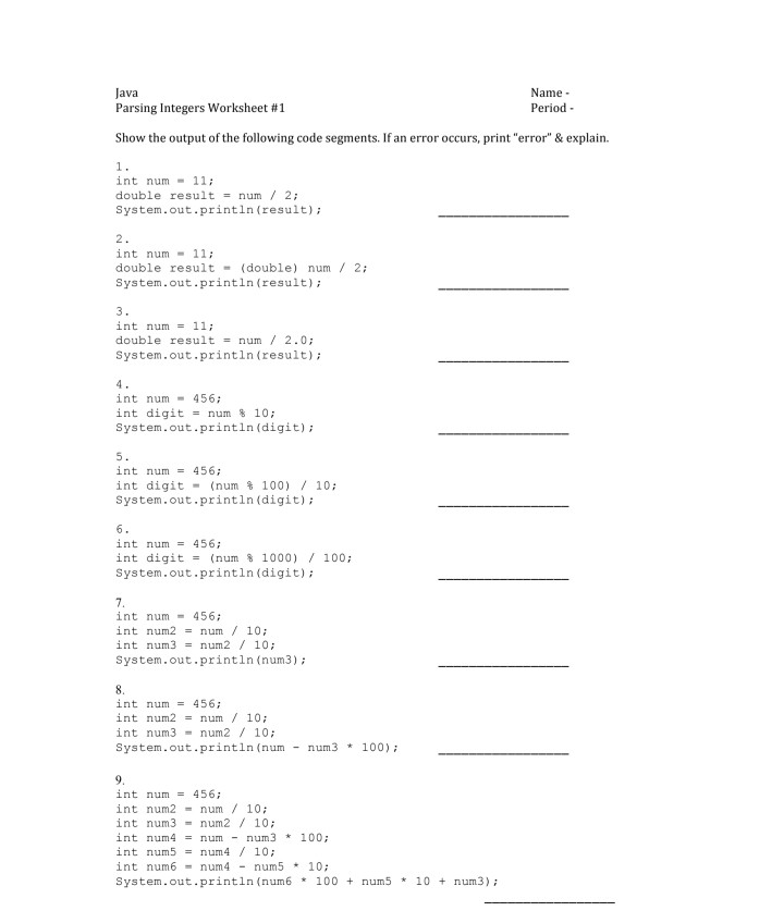 Solved Java Parsing integers worksheet #1 Name Period Show | Chegg.com