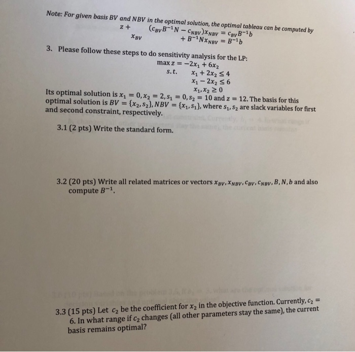 Solved Note: For given basis BV and NBV in the optimal | Chegg.com