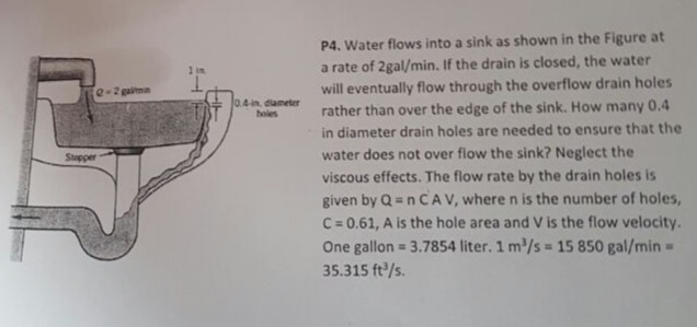 Solved P4. Water flows into a sink as shown in the Figure at | Chegg.com