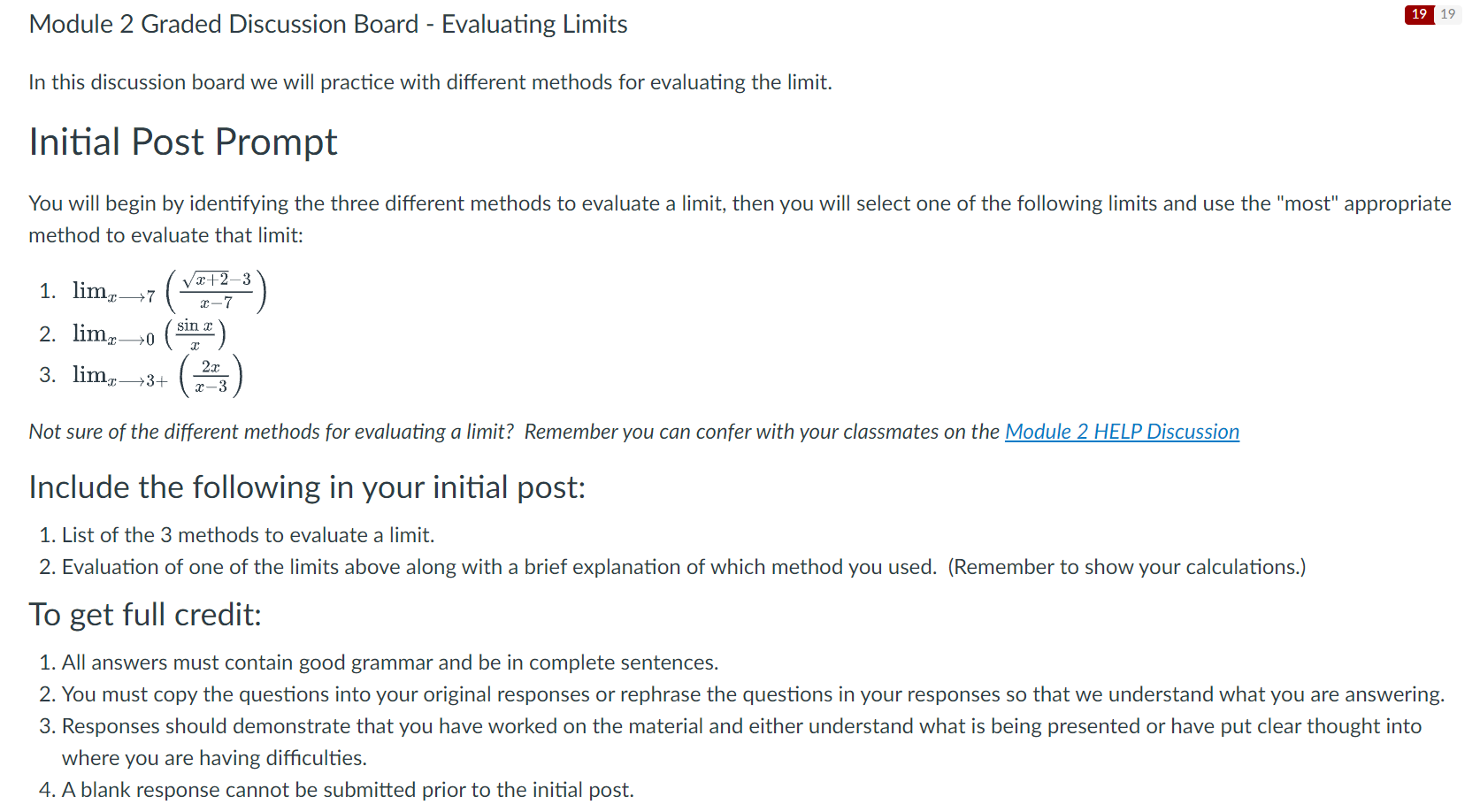 Solved Module 2 Graded Discussion Board - Evaluating Limits | Chegg.com