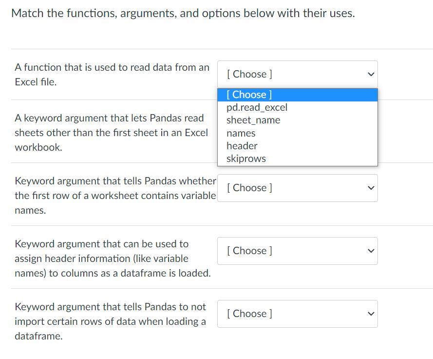 Solved Match the functions, arguments, and options below | Chegg.com