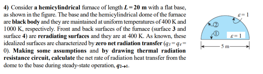 Solved E= 1 4) Consider a hemicylindrical furnace of length | Chegg.com