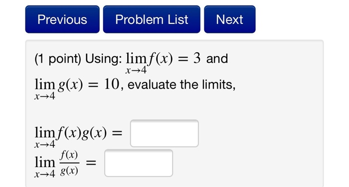 Solved (1 point) Suppose limg(x)=-7, limf(x)=0, lim h(x)=6 | Chegg.com