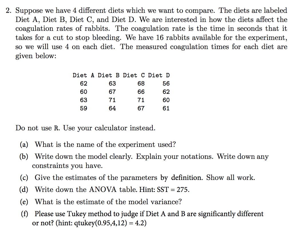 Solved 2. Suppose we have 4 different diets which we want to | Chegg.com