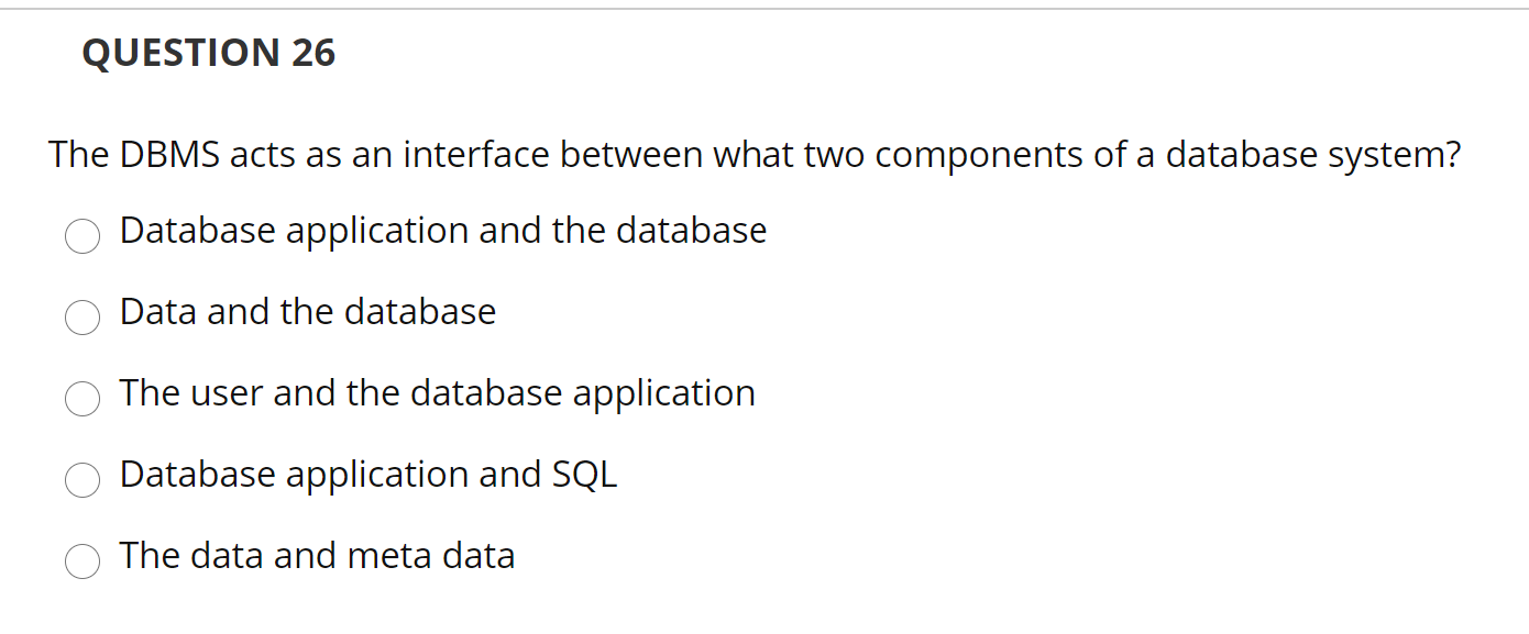 Solved ION 26 The DBMS Acts As An Interface Between Chegg