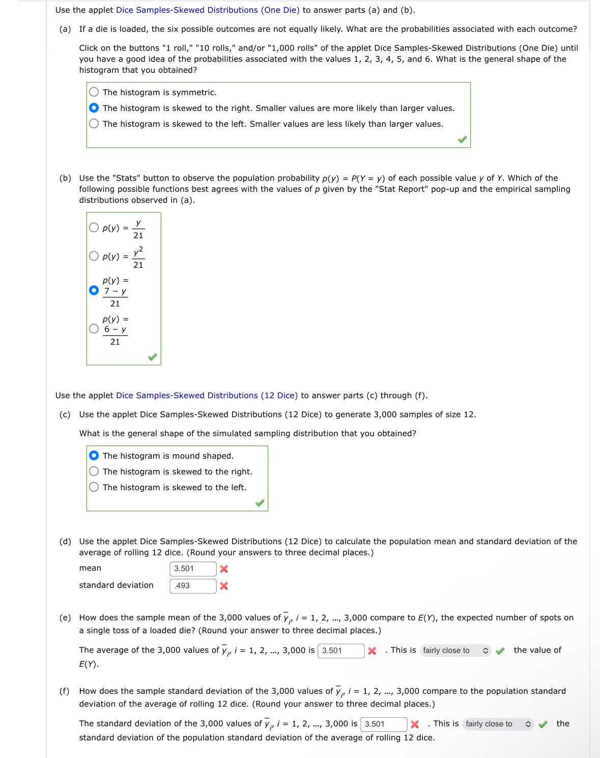 Solved Use the applet Dice Samples-Skewed Distributions (One | Chegg.com