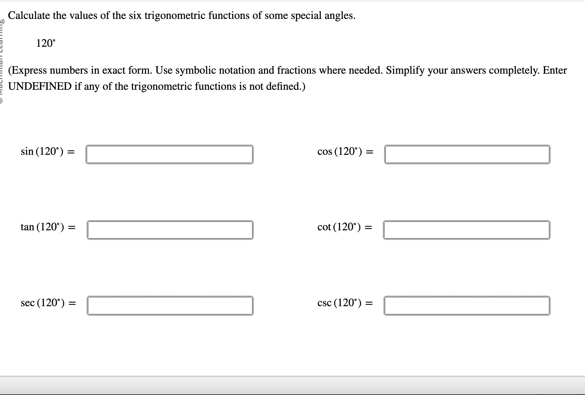 Solved Calculate the values of the six trigonometric | Chegg.com