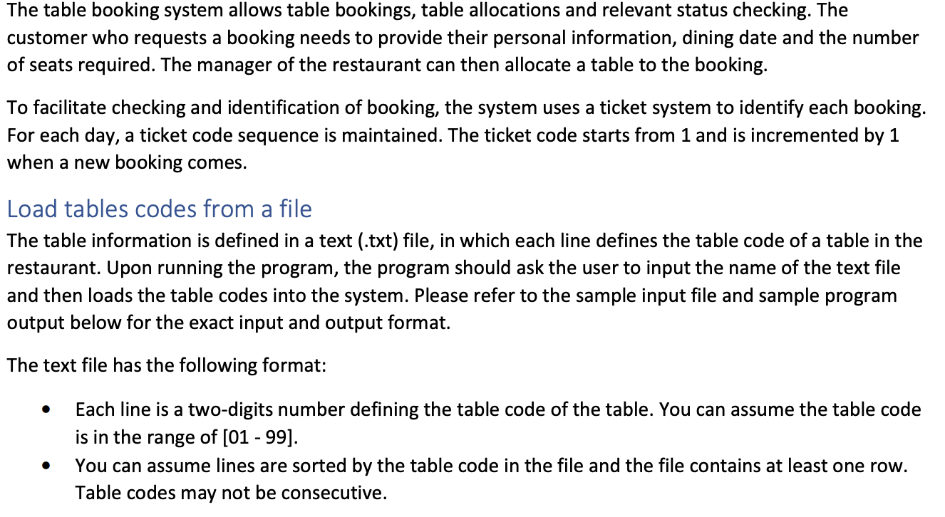 Solved The table booking system allows table bookings, table | Chegg.com
