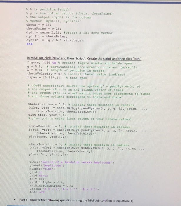 Solved MATLAB/OCTAVE PENDULUM LAB MAT2310/2330 PENDULUM LAB | Chegg.com