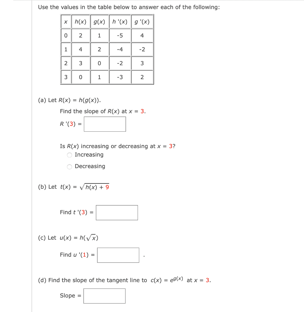 Solved Use the values in the table below to answer each of | Chegg.com