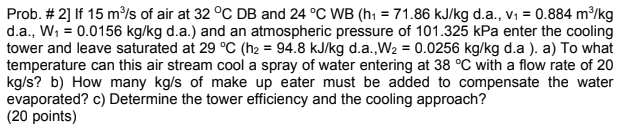 Solved Prob. \# 2] If 15 m3/s of air at 32∘C DB and | Chegg.com