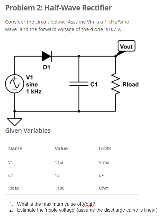Solved Problem 2: Half-Wave Rectifier Consider the circuit | Chegg.com