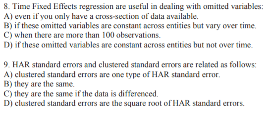 Solved 8. Time Fixed Effects regression are useful in | Chegg.com