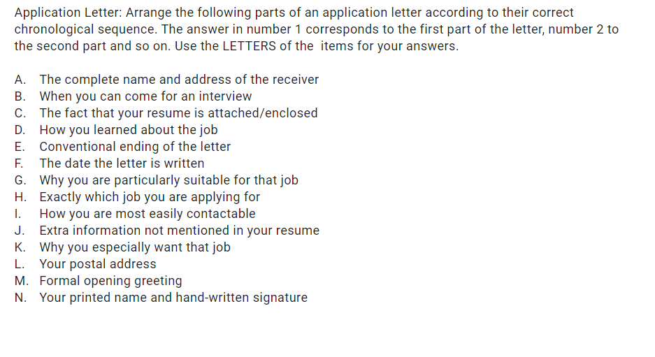 Solved Application Letter: Arrange the following parts of an | Chegg.com