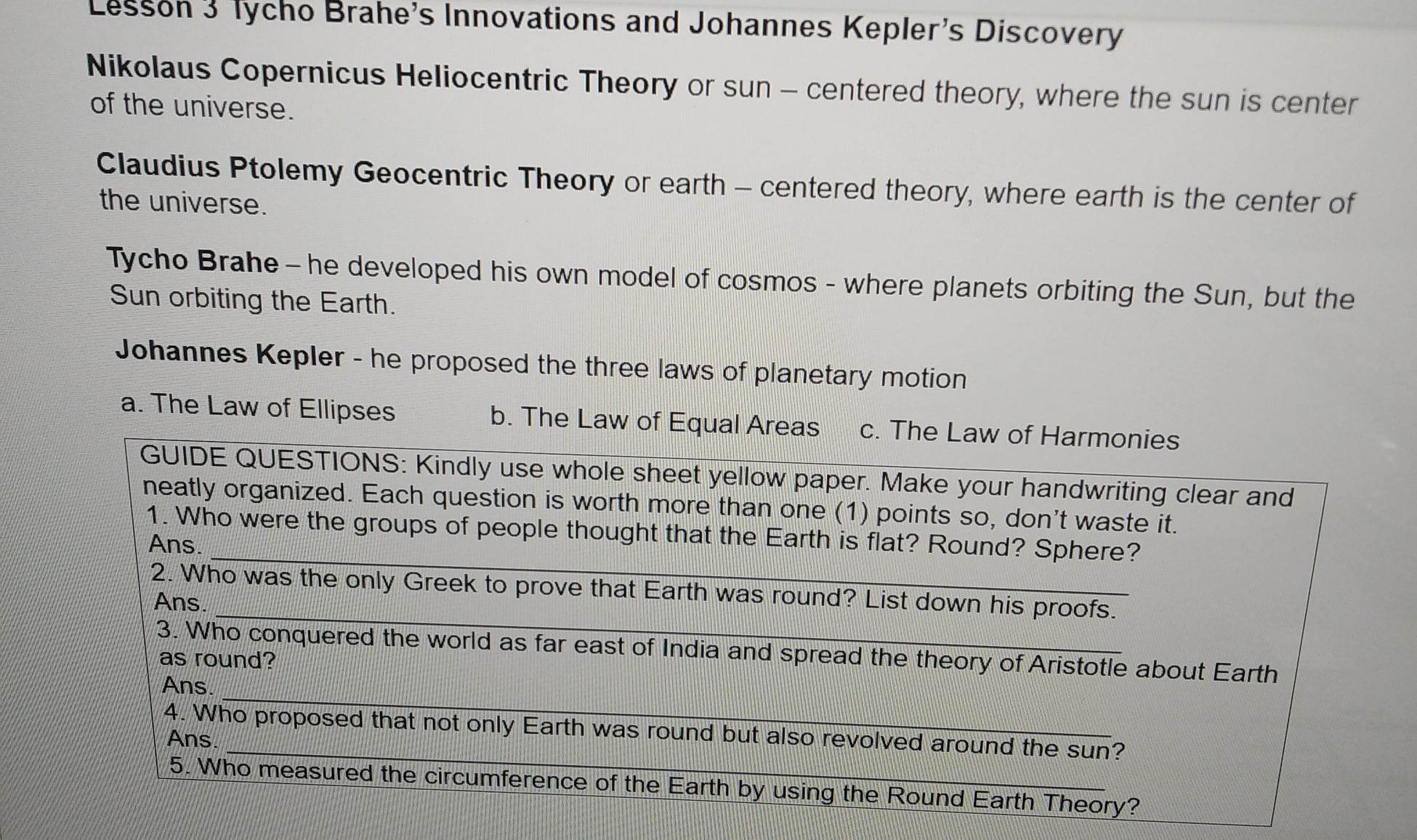 Solved Lesson 3 Iycho Brahe's Innovations and Johannes | Chegg.com