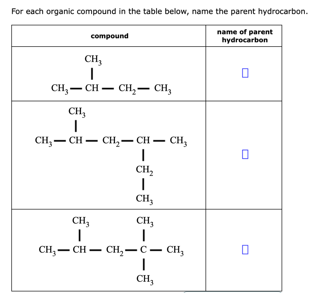 Solved For each organic compound in the table below, name | Chegg.com