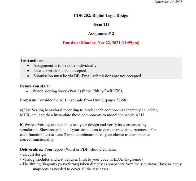 Solved November 16, 2021 COE 202: Digital Logic Design Term | Chegg.com
