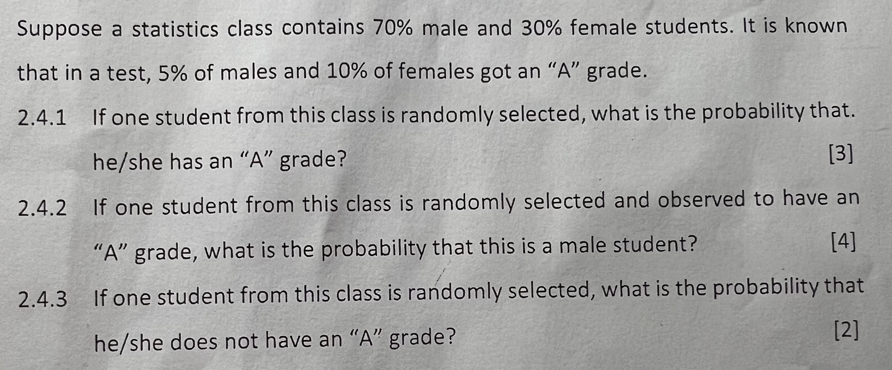 Solved Suppose a statistics class contains 70% male and 30% | Chegg.com