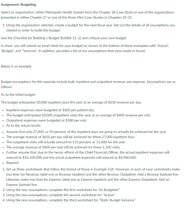 Assignment: Budgeting Select an organization; either | Chegg.com