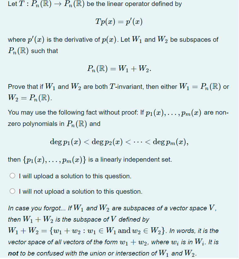Solved Let T : Pn (R) + Pn(R) be the linear operator defined | Chegg.com Solved Let T : Pn (R) + Pn(R) be the linear operator defined | Chegg.com