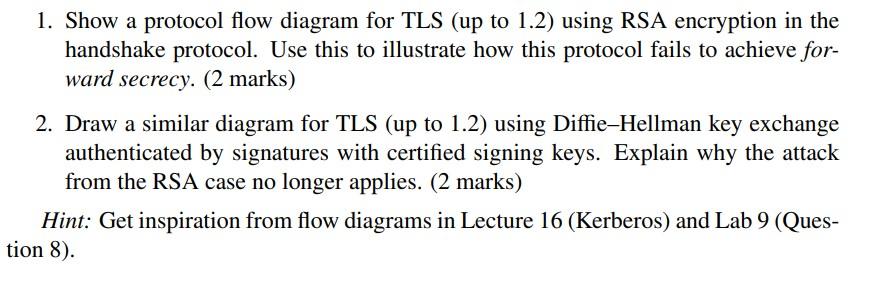 Solved 1. Show a protocol flow diagram for TLS (up to 1.2 ) | Chegg.com