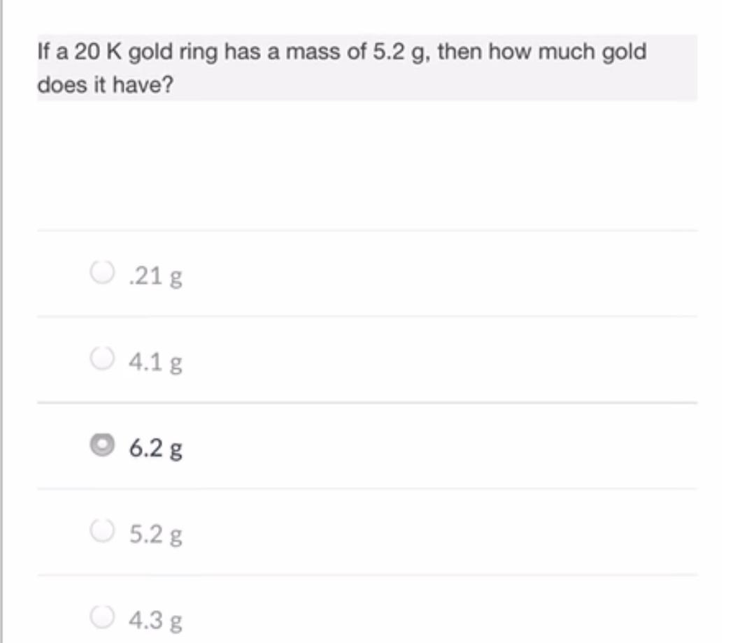 Solved If a 20 K gold ring has a mass of 5.2 g, then how | Chegg.com