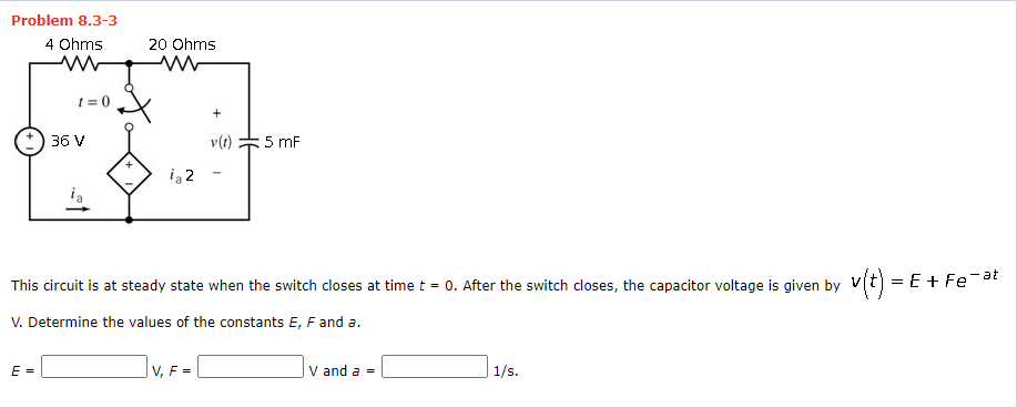 Solved Problem 8.3-3 4 Ohms 20 Ohms 1 = 0 36 V 5 mF 1,2 This | Chegg.com