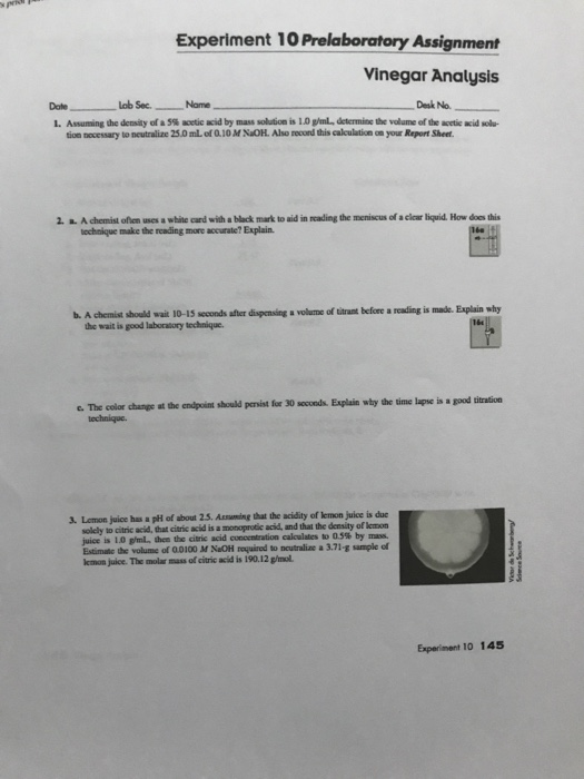 Solved Experiment 10 Prelaboratory Assignment Vinegar | Chegg.com