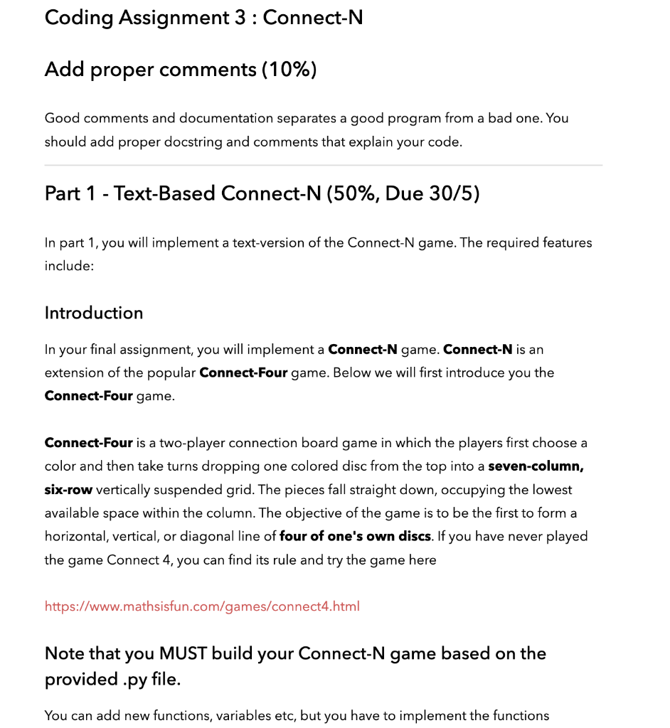 Solved Coding Assignment 3 : Connect-N Add proper comments | Chegg.com