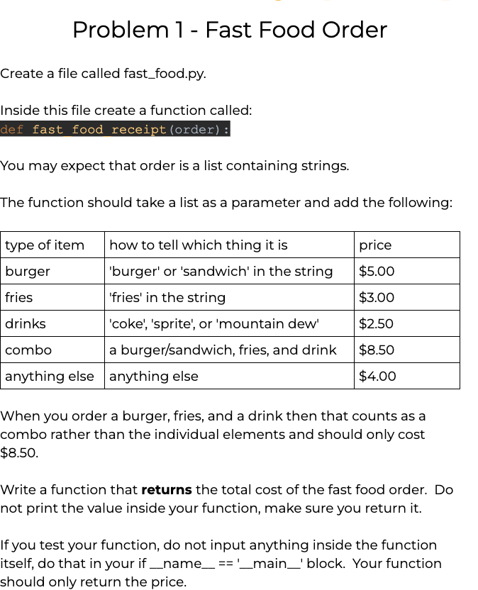 Solved Problem l- Fast Food Order Create a file called | Chegg.com