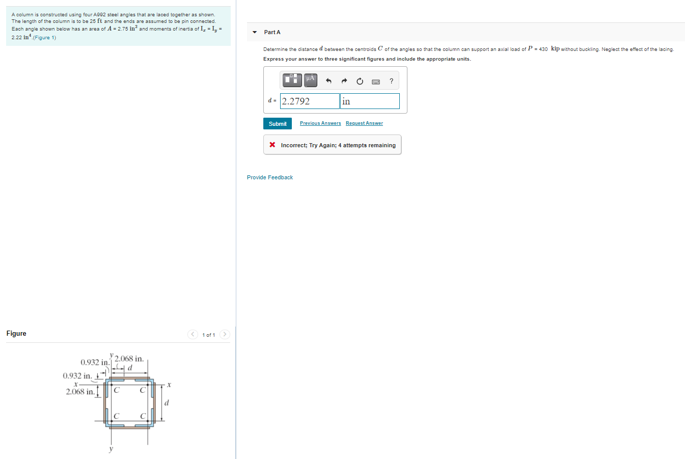 Solved A column is constructed using four A992 steel angles | Chegg.com