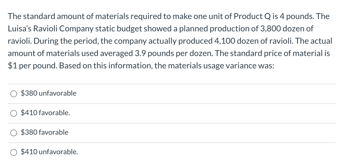 Solved The standard amount of materials required to make one | Chegg.com
