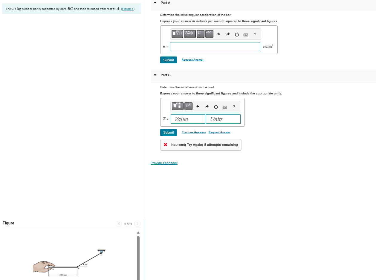 Solved The 3.4-kg slender bar is supported by cord BC and | Chegg.com