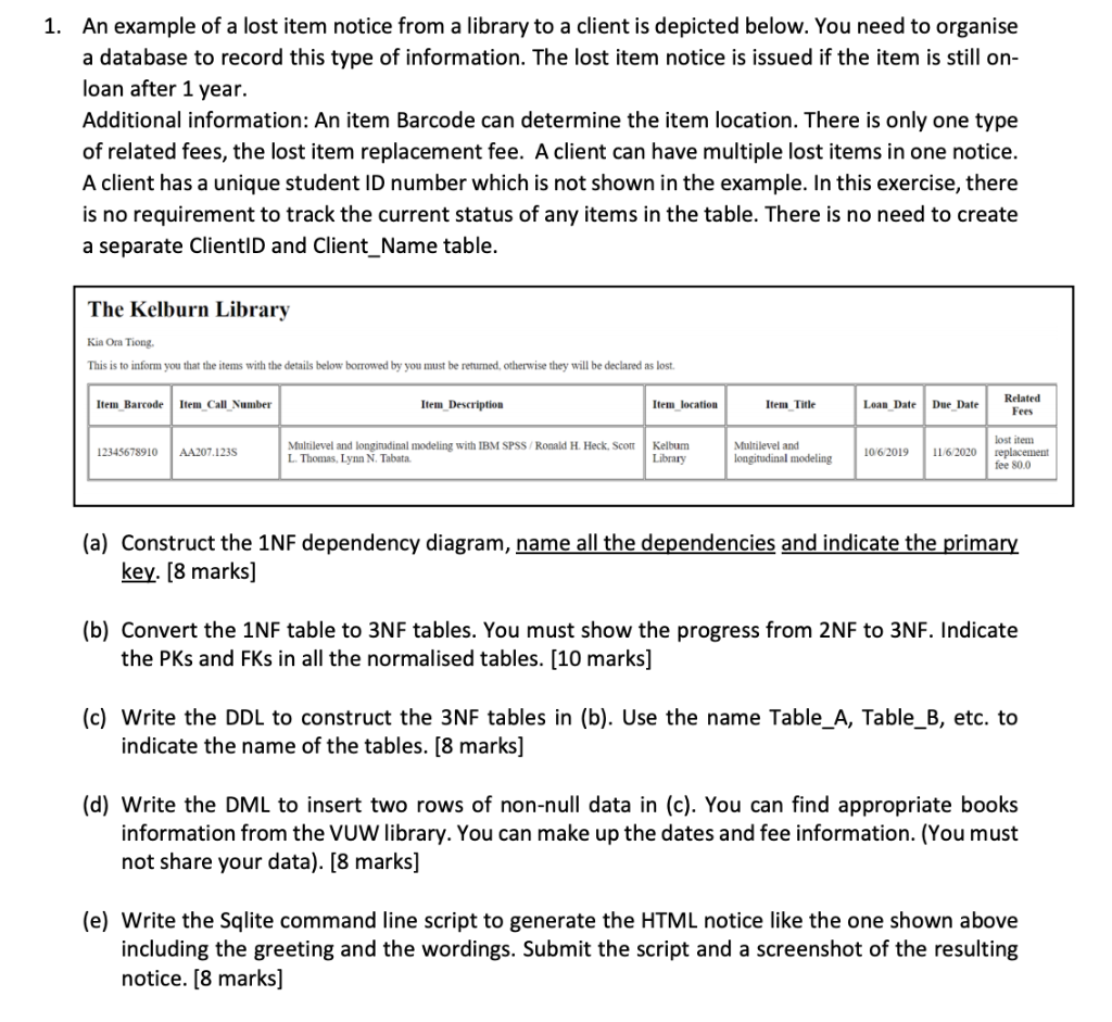 Solved 1. An example of a lost item notice from a library to | Chegg.com