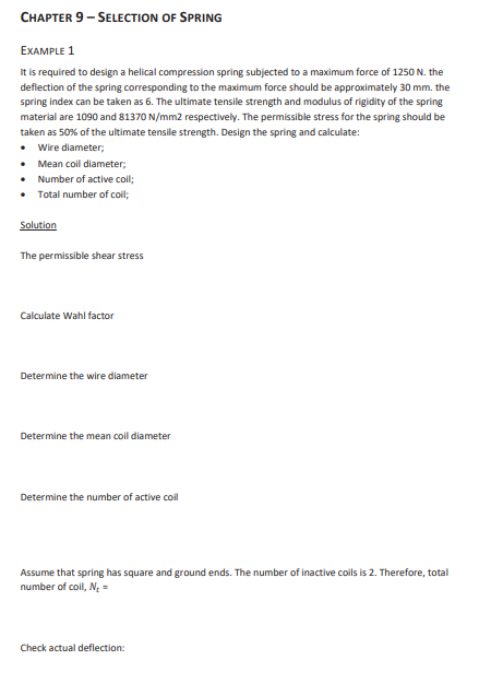 Solved CHAPTER 9 - SELECTION OF SPRING EXAMPLE 1 It is | Chegg.com
