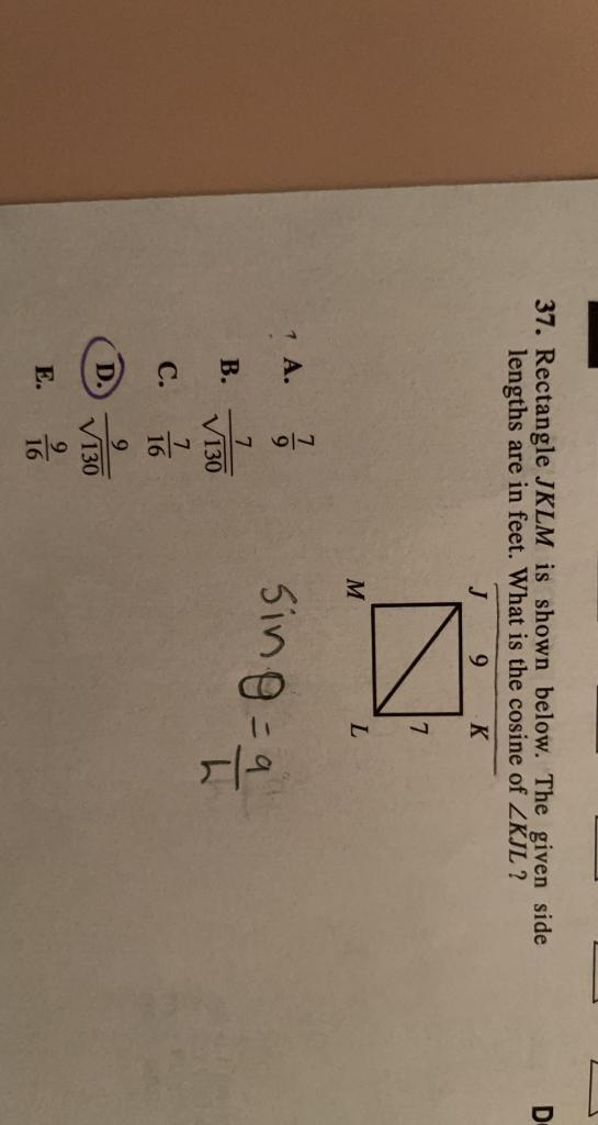 Solved D 37. Rectangle JKLM is shown below. The given side | Chegg.com