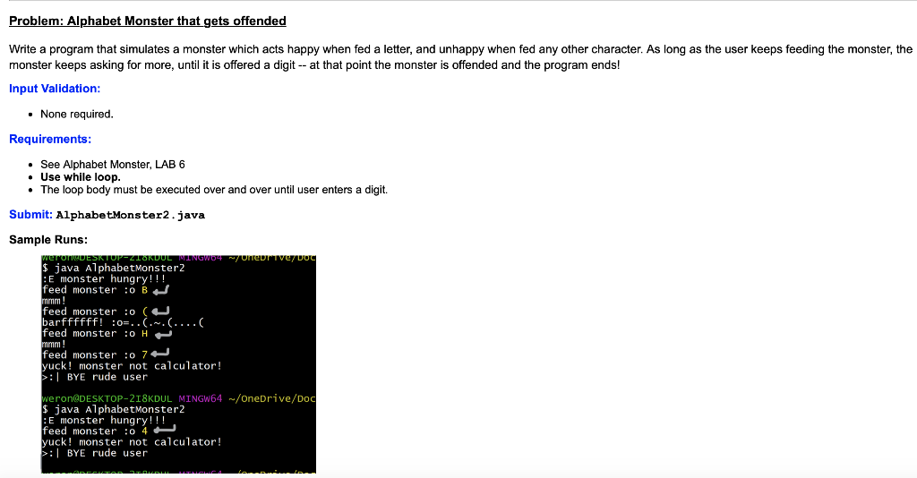 Solved Problem: Alphabet Monster that gets offended Write a | Chegg.com