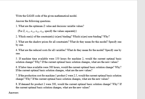 Solved Write the GAMS code of the given mathematical model. | Chegg.com