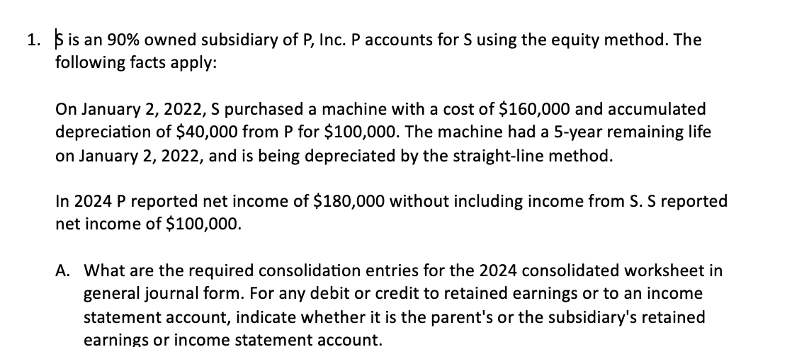Solved 1. \( ﻿S \) ﻿is an \( 90 \% \) ﻿owned subsidiary of | Chegg.com