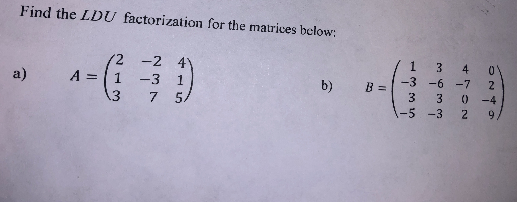 Solved Find the LDU factorization for the matrices below: 12 | Chegg.com